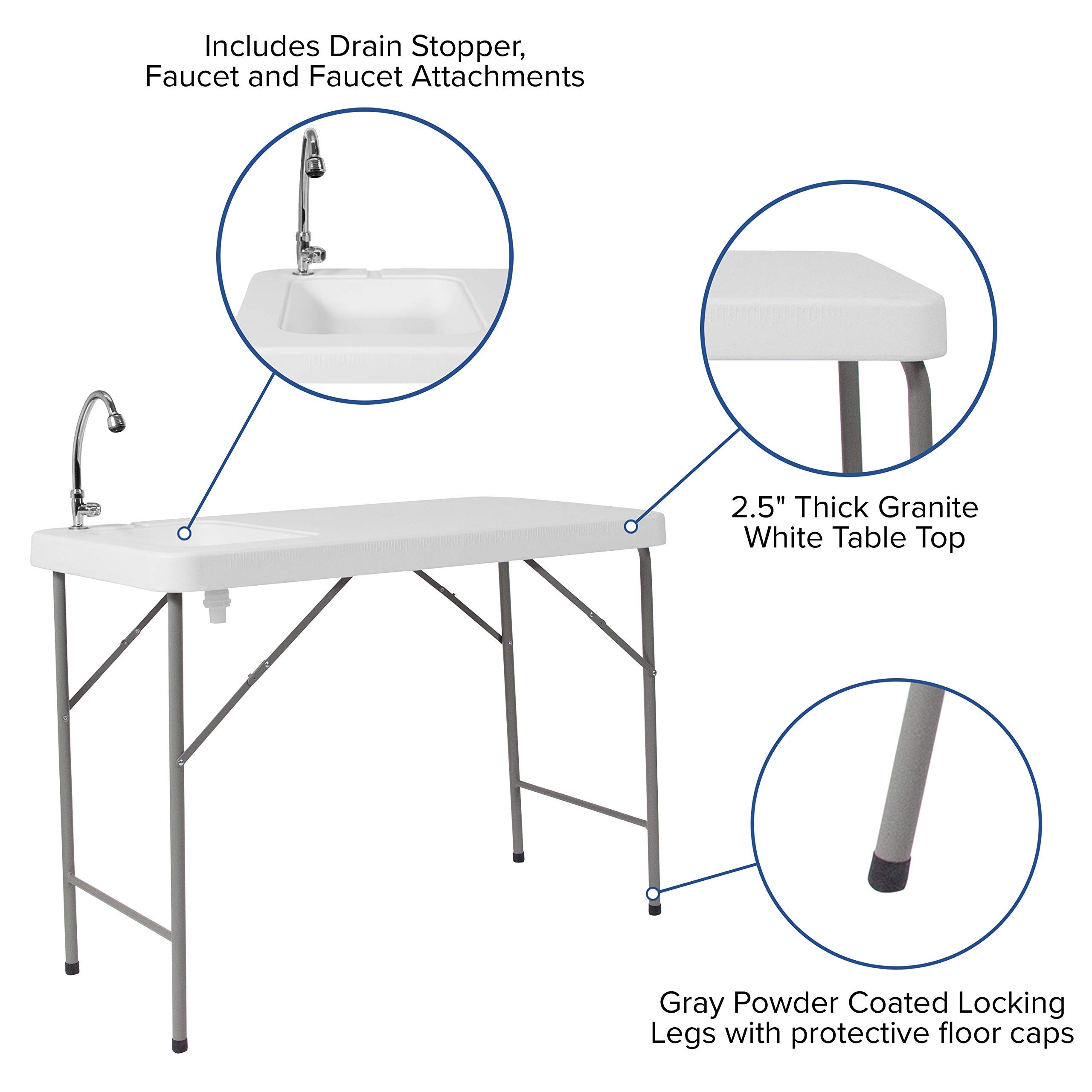 Flash Furniture Wesley 4' Portable Fish Cleaning Table with Sink, Outdoor Portable Folding Camping Sink Table with Faucet, and Hose Attachment, White