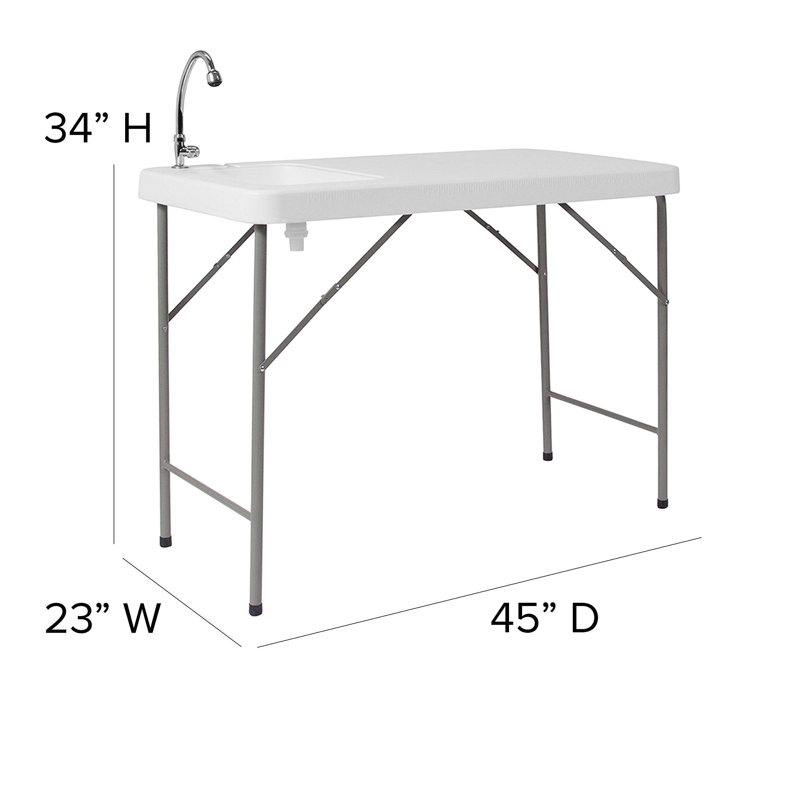 Flash Furniture Wesley 4' Portable Fish Cleaning Table with Sink, Outdoor Portable Folding Camping Sink Table with Faucet, and Hose Attachment, White