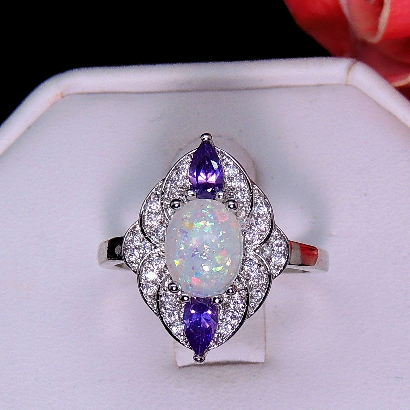 Ginger Lyne Collection Quinn Oval Shape Simulated Fire Opal Purple CZ Ring Size 7