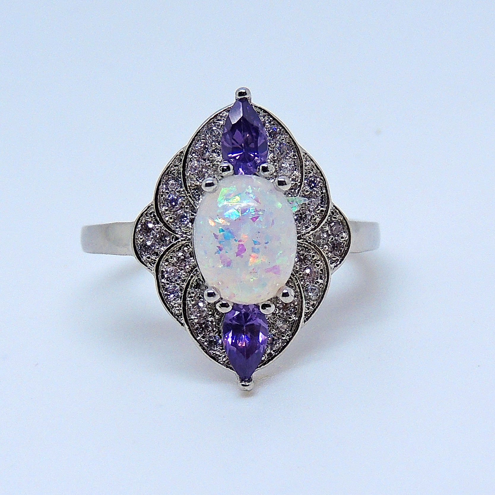 Ginger Lyne Collection Quinn Oval Shape Simulated Fire Opal Purple CZ Ring Size 7