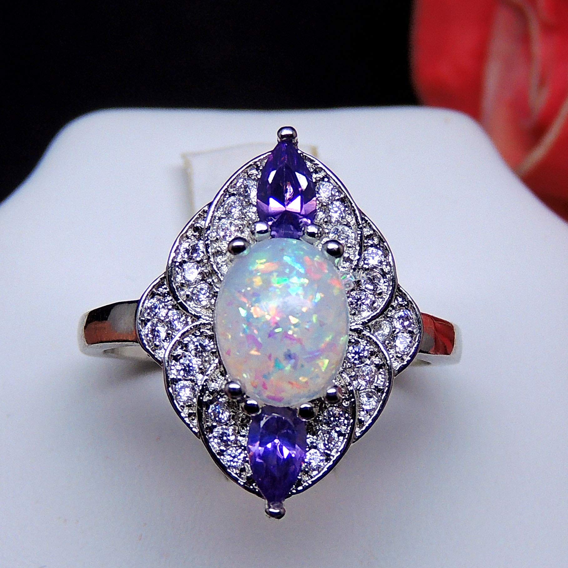 Ginger Lyne Collection Quinn Oval Shape Simulated Fire Opal Purple CZ Ring Size 7