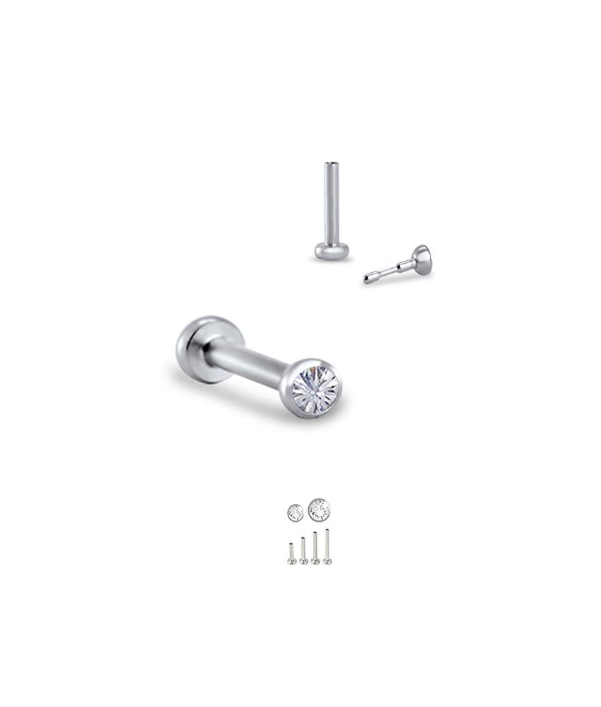 316L Stainless Steel Labret Nose Ring Stud Titanium Push Pin Threadless Post 3/16" - 5mm Post 2.5mm Stone 18G