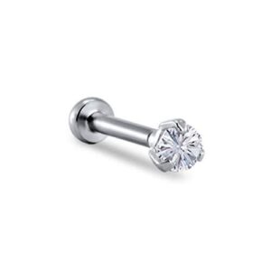 14K White Gold Labret Nose Ring Stud Titanium Push Pin Threadless Post 3/16" - 5mm Post 1.5mm CZ 18G