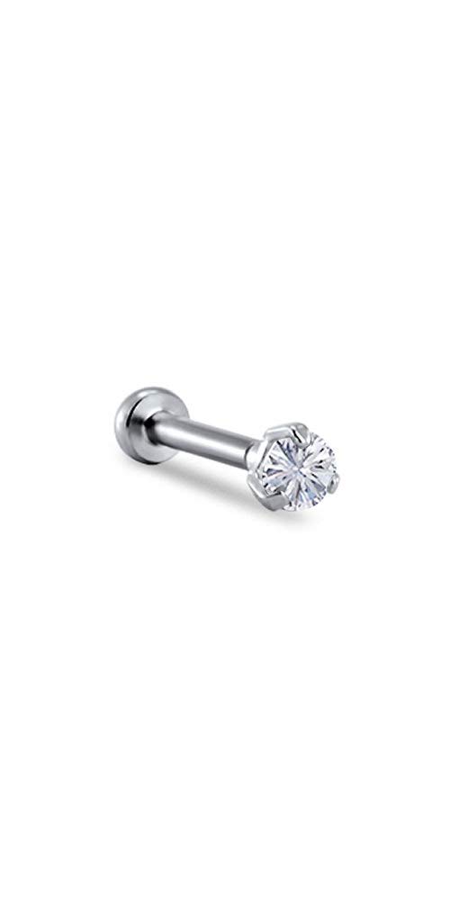 14K White Gold Labret Nose Ring Stud Titanium Push Pin Threadless Post 3/16" - 5mm Post 1.5mm CZ 18G