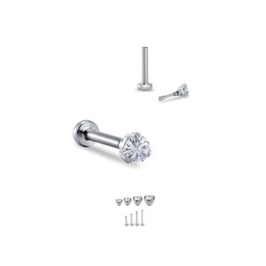 14K White Gold Labret Nose Ring Stud Titanium Push Pin Threadless Post 3/16" - 5mm Post 1.5mm CZ 18G