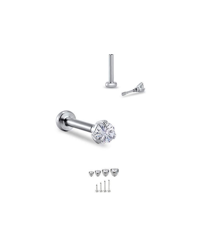 14K White Gold Labret Nose Ring Stud Titanium Push Pin Threadless Post 3/16" - 5mm Post 1.5mm CZ 18G