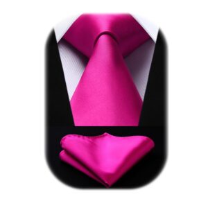 mens solid pink tie classic 3.4" width necktie and pocket square set with gift box by hisdern,deep pink,one size