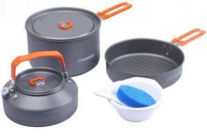 fire-maple feast 2 camping cookware set | outdoor cooking gear set with pot, kettle, pan, bowls and spatula | premium construction | ideal mess kit for backpacking, hiking, car camping and emergency