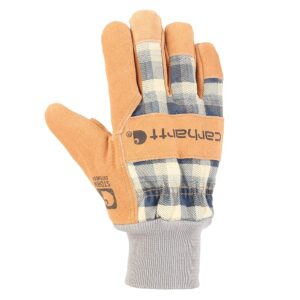 carhartt women's insulated suede work glove with knit cuff, navy plaid, medium