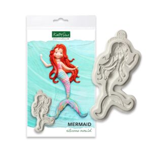 katy sue mermaid silicone mold for cake decorating, crafts, cupcakes, sugarcraft, candies, chocolate, card making and clay, food safe approved, made in the uk