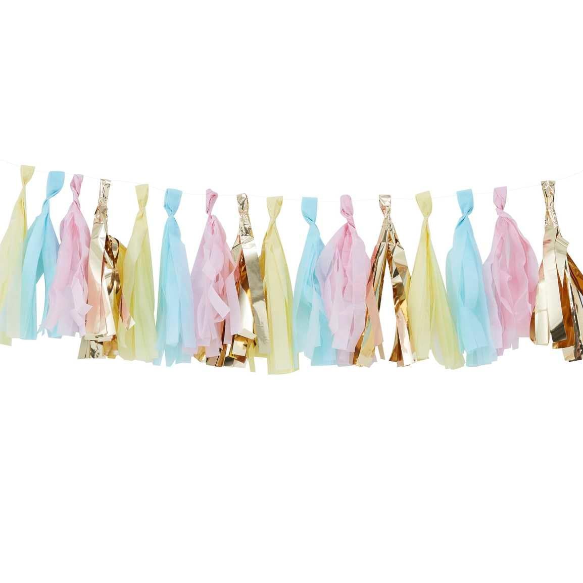 Ginger Ray Pastel Blue, Pink & Gold Tassel Hanging Garland 2 Meters Pick & Mix, Multicolour