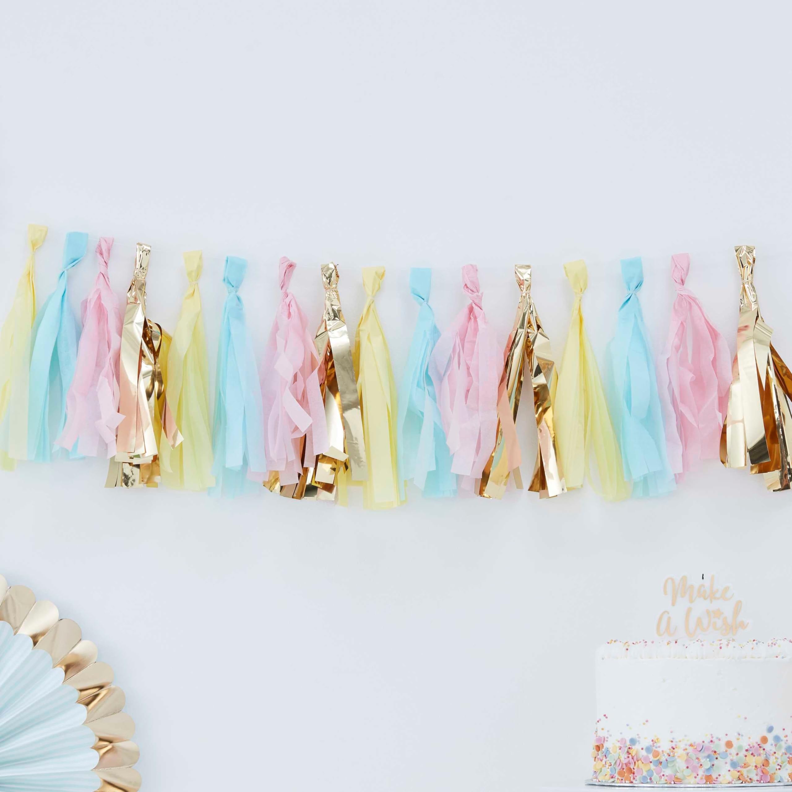 Ginger Ray Pastel Blue, Pink & Gold Tassel Hanging Garland 2 Meters Pick & Mix, Multicolour