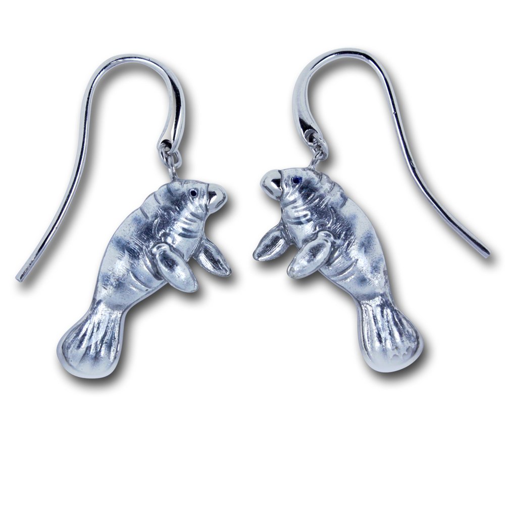 Manatee Dangle Earrings Crafted in Sterling Silver and Vitreous Enamel