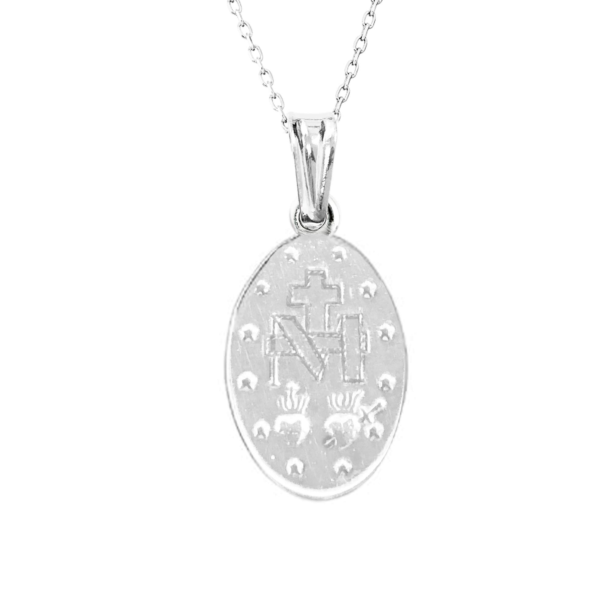 Ritastephens Italian Sterling Silver Miraculous Virgin Mary Medal Latin Prayer Charm Pendant Necklace, 19mm, 18"