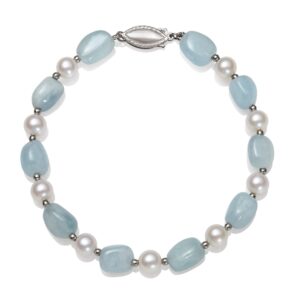 sterling silver natural aquamarine and cultured freshwater pearl strand bracelet, 7.5"