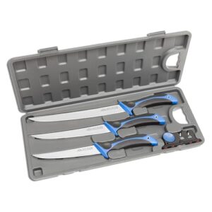 outdoor edge fillet knife set | reelflex pak features 3 razor-sharp flexible fillet knives | 6", 7.5" & 9" german stainless blades, non-slip handles, sharpener & hard case | fishing gear & equipment