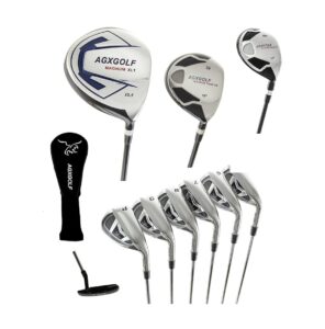 agxgolf men's regular length xs wide sole edition complete golf set w/460 driver +5 wood + 4 hybrid + 5-9 irons + pitching wedge + sand wedge: senior flex, right hand: usa built!