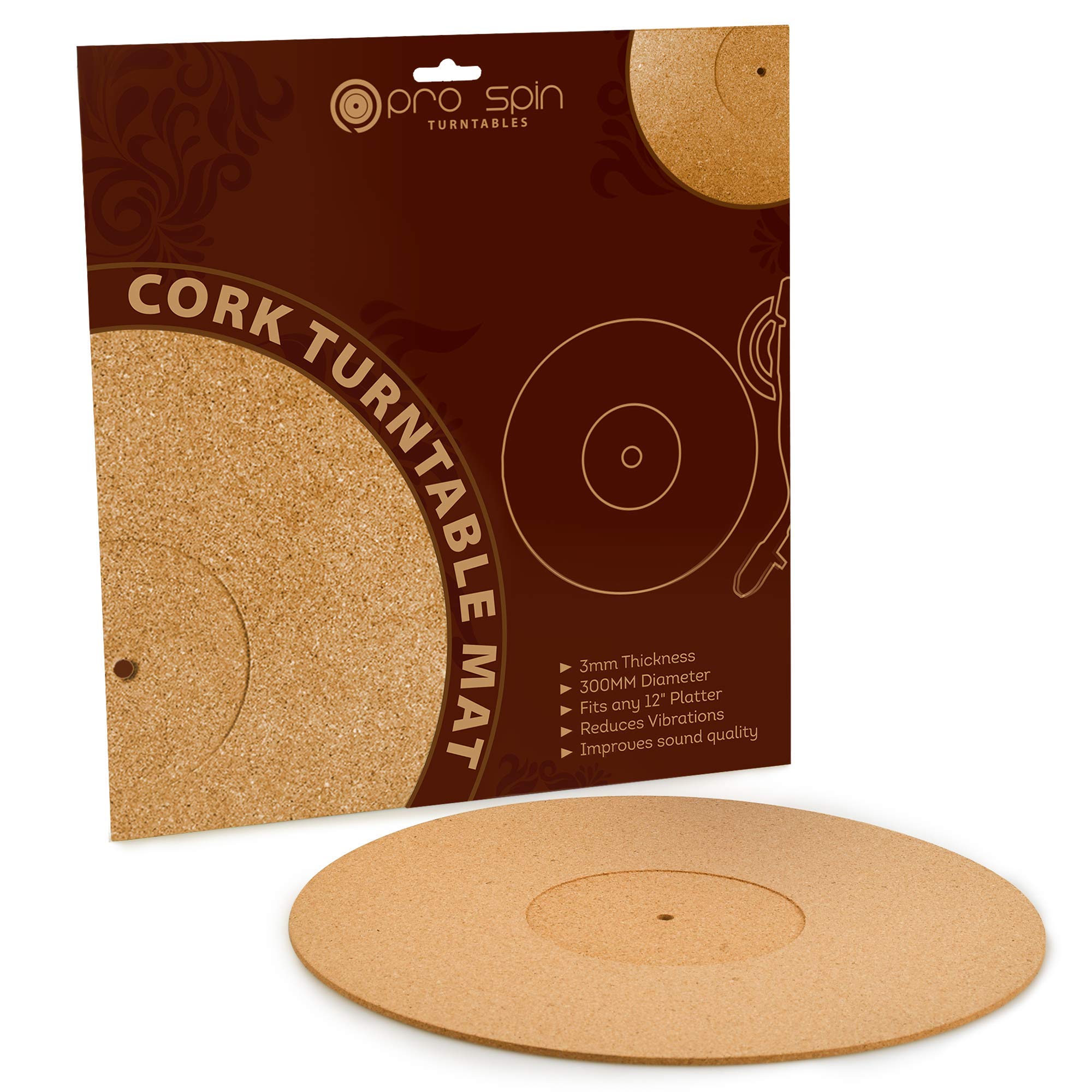 Cork Turntable Mat by PRO SPIN for Vinyl LP Record Players (3mm) | Record Player Mat with High-Fidelity Audiophile Acoustic Sound Support | Turntable Slip Mat Help Reduce Noise Due to Static and Dust