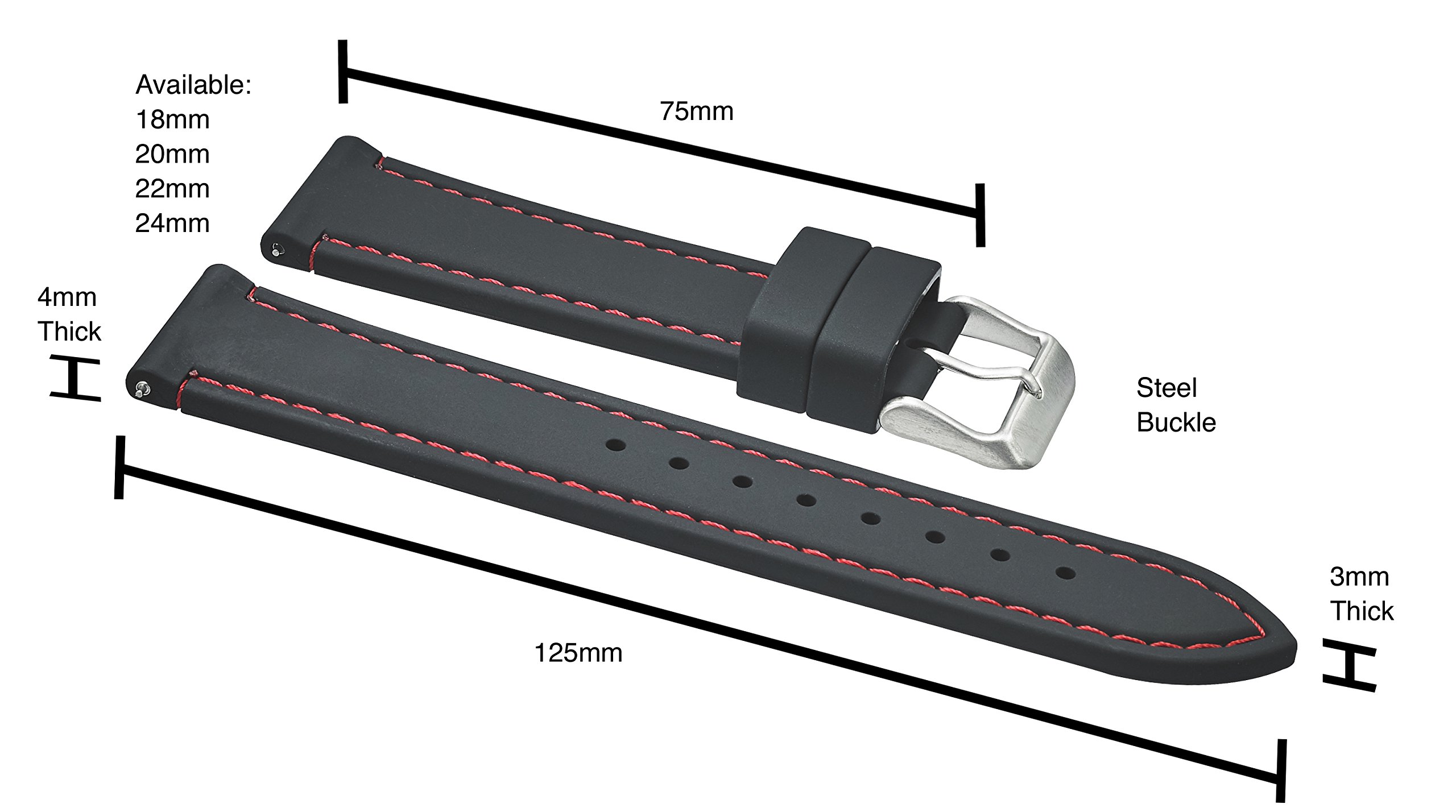 STUNNING SELECTION ALPINE Smooth and sporty silicone stitched watch band with quick release spring bars- Black with red stitching - 22mm (fits wrist sizes 6 1/4 to 8 inch)