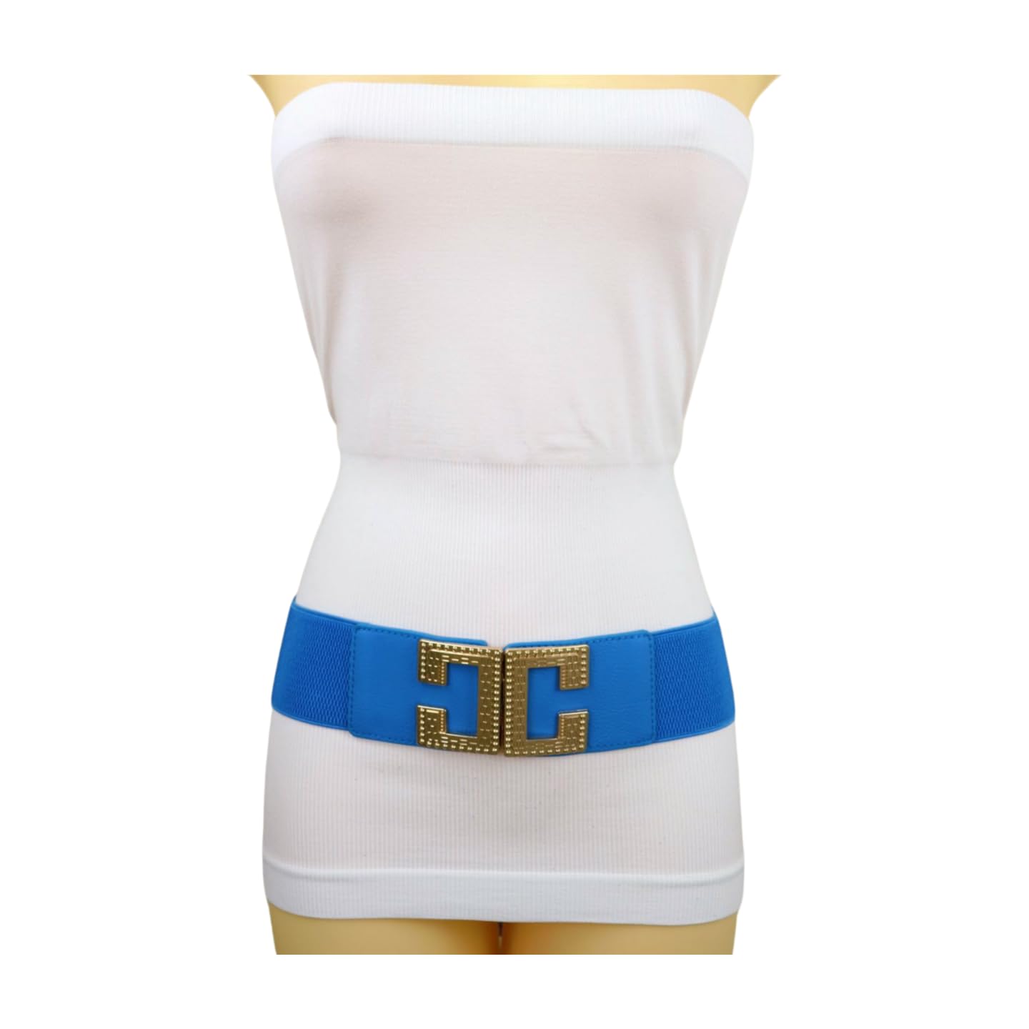 Women Fashion Wide Stretch Belt Waist Hip High Waist Gold Metal C Buckle Size S M Blue z086