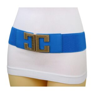 Women Fashion Wide Stretch Belt Waist Hip High Waist Gold Metal C Buckle Size S M Blue z086