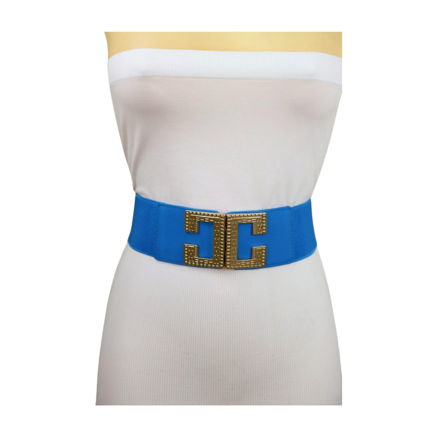 Women Fashion Wide Stretch Belt Waist Hip High Waist Gold Metal C Buckle Size S M Blue z086