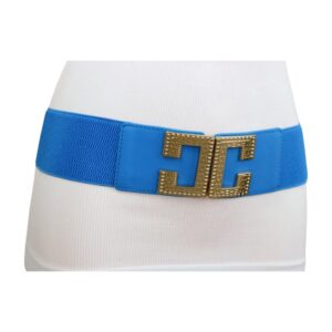 Women Fashion Wide Stretch Belt Waist Hip High Waist Gold Metal C Buckle Size S M Blue z086