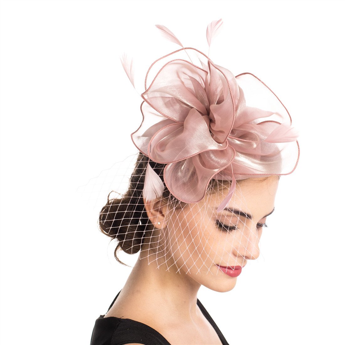 SAFERIN Fascinator for Women Hair Clip Hat Bowler Feather Flower Veil Wedding Party Hat Tea Hat（TA2-Pink）