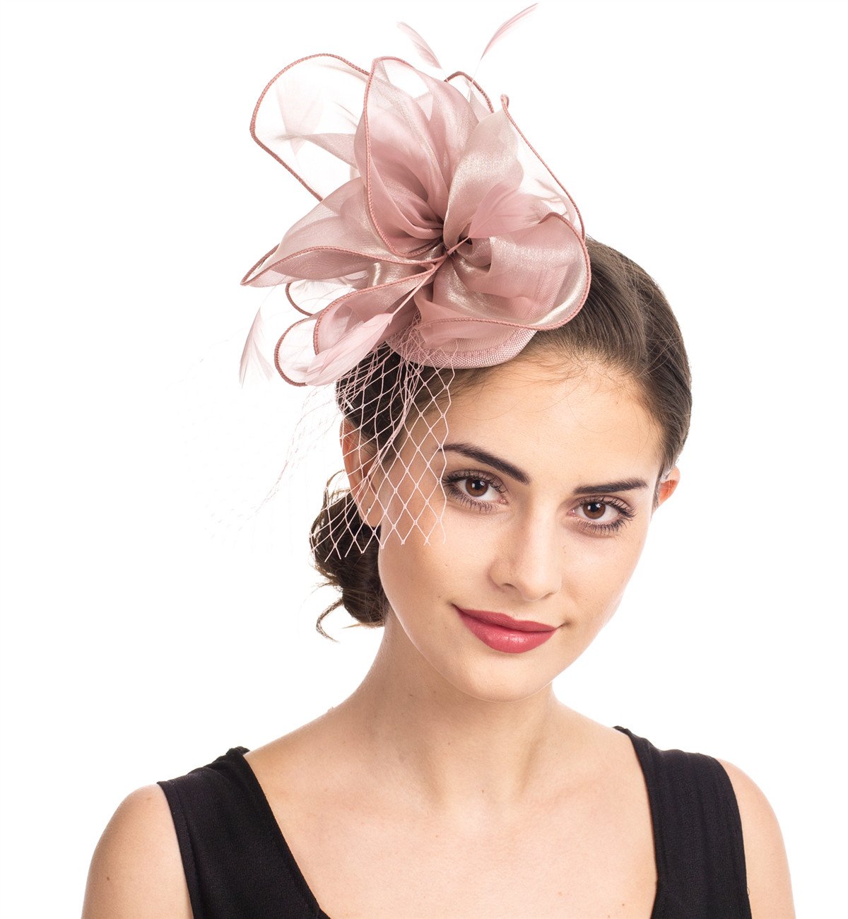 SAFERIN Fascinator for Women Hair Clip Hat Bowler Feather Flower Veil Wedding Party Hat Tea Hat（TA2-Pink）