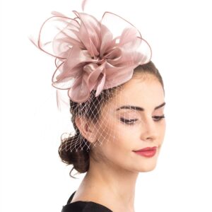 SAFERIN Fascinator for Women Hair Clip Hat Bowler Feather Flower Veil Wedding Party Hat Tea Hat（TA2-Pink）