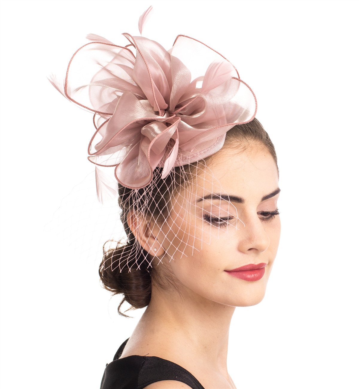 SAFERIN Fascinator for Women Hair Clip Hat Bowler Feather Flower Veil Wedding Party Hat Tea Hat（TA2-Pink）