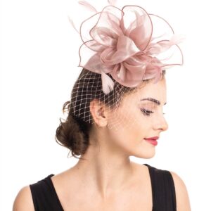 SAFERIN Fascinator for Women Hair Clip Hat Bowler Feather Flower Veil Wedding Party Hat Tea Hat（TA2-Pink）