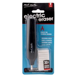 mont marte electric eraser, includes 30 eraser refills. suitable for use with graphite pencils and color pencils.