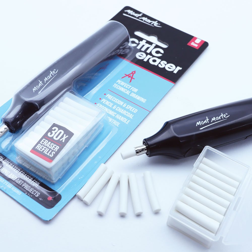 Mont Marte Electric Eraser, includes 30 Eraser Refills. Suitable for use with Graphite Pencils and Color Pencils.