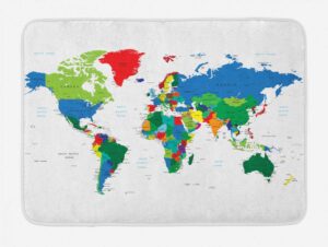 ambesonne world map bath mat, colorful political map borders between countries different nations and cultures, plush bathroom decor mat with non slip backing, 30.2" x 20", green blue