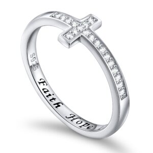 daochong inspirational jewelry sterling silver engraved faith hope love cz sideway cross ring, size 8