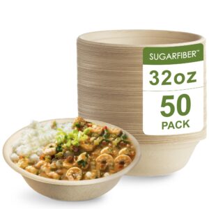 [50 count]sugarfiber by harvest pack 32oz round paper bowls - compostable heavy-duty eco-friendly disposable bagasse bowls sugarcane natural plant fibers for meal prep takeout dinnerware