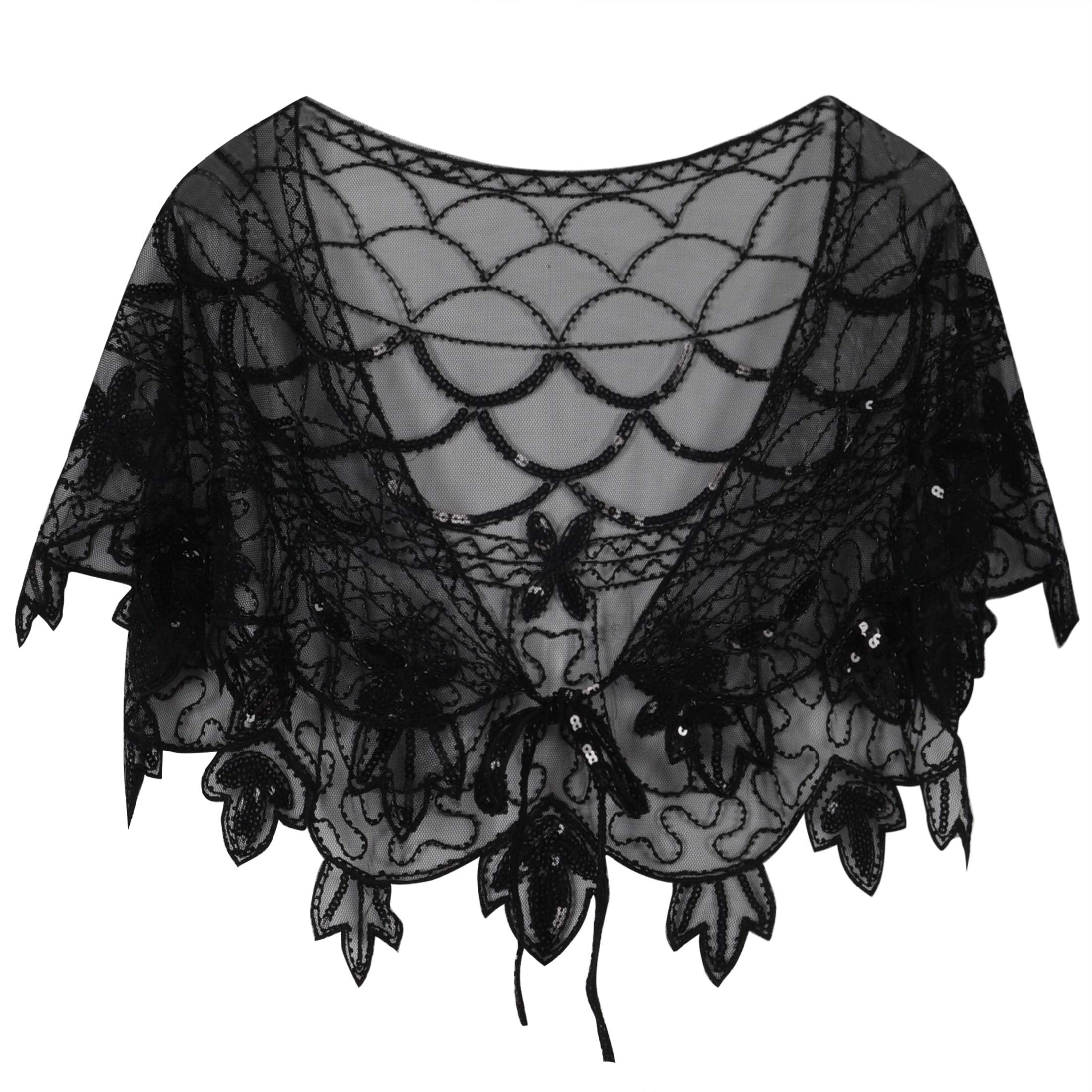 PrettyGuide Women's 1920s Shawl Beaded Vintage Bolero Flapper Evening Wraps Black