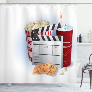 ambesonne movie theater shower curtain, soda tickets fresh popcorn and clapper board blockbuster premiere cinema, cloth fabric bathroom decor set with hooks, 69" w x 70" l, pale blue ruby