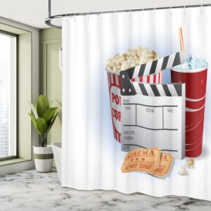 Ambesonne Movie Theater Shower Curtain, Soda Tickets Fresh Popcorn and Clapper Board Blockbuster Premiere Cinema, Cloth Fabric Bathroom Decor Set with Hooks, 69" W x 70" L, Pale Blue Ruby