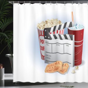 Ambesonne Movie Theater Shower Curtain, Soda Tickets Fresh Popcorn and Clapper Board Blockbuster Premiere Cinema, Cloth Fabric Bathroom Decor Set with Hooks, 69" W x 70" L, Pale Blue Ruby