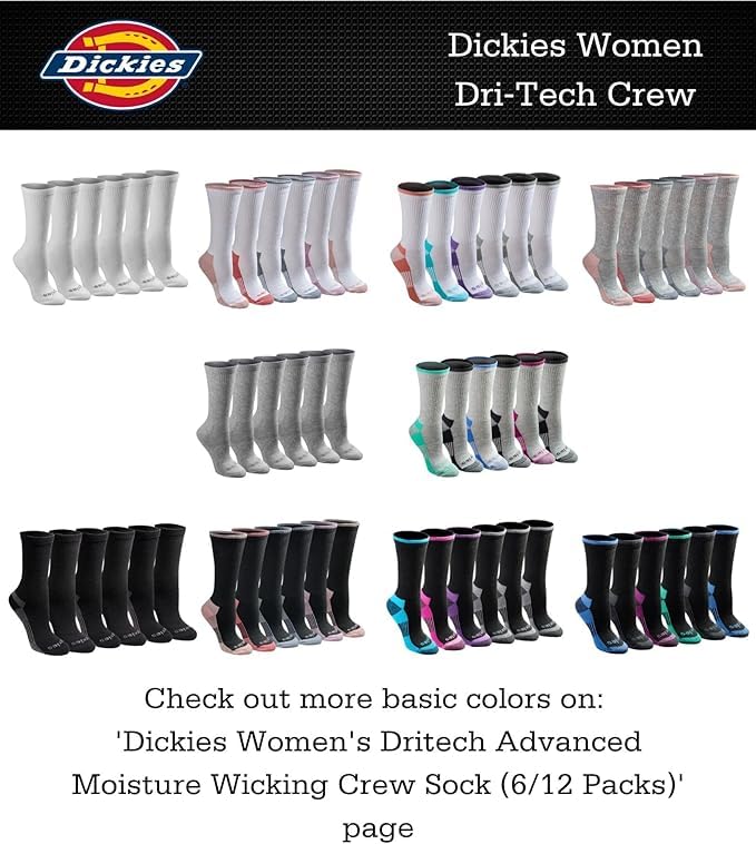 Dickies Women's Dri-tech Moisture Control Crew Socks Multipack, Stripe (6 Pairs), Medium