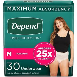 depend fresh protection adult incontinence & postpartum bladder leak underwear for women, disposable, maximum, medium, blush, 30 count, packaging may vary