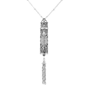 1928 jewelry women's pewter filigree vial with tassel necklace pendant enhancer, 28