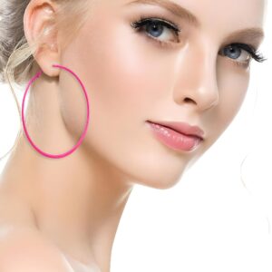 IDB Classic Stainless Steel Big Hoop Earrings - 2.32" x 2.48" x 0.07" (59x63x2mm) - Multiple Colors to choose from (Hot Pink)