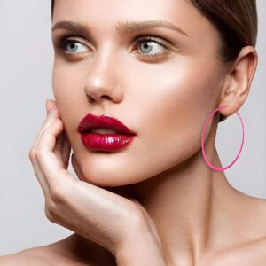 IDB Classic Stainless Steel Big Hoop Earrings - 2.32" x 2.48" x 0.07" (59x63x2mm) - Multiple Colors to choose from (Hot Pink)