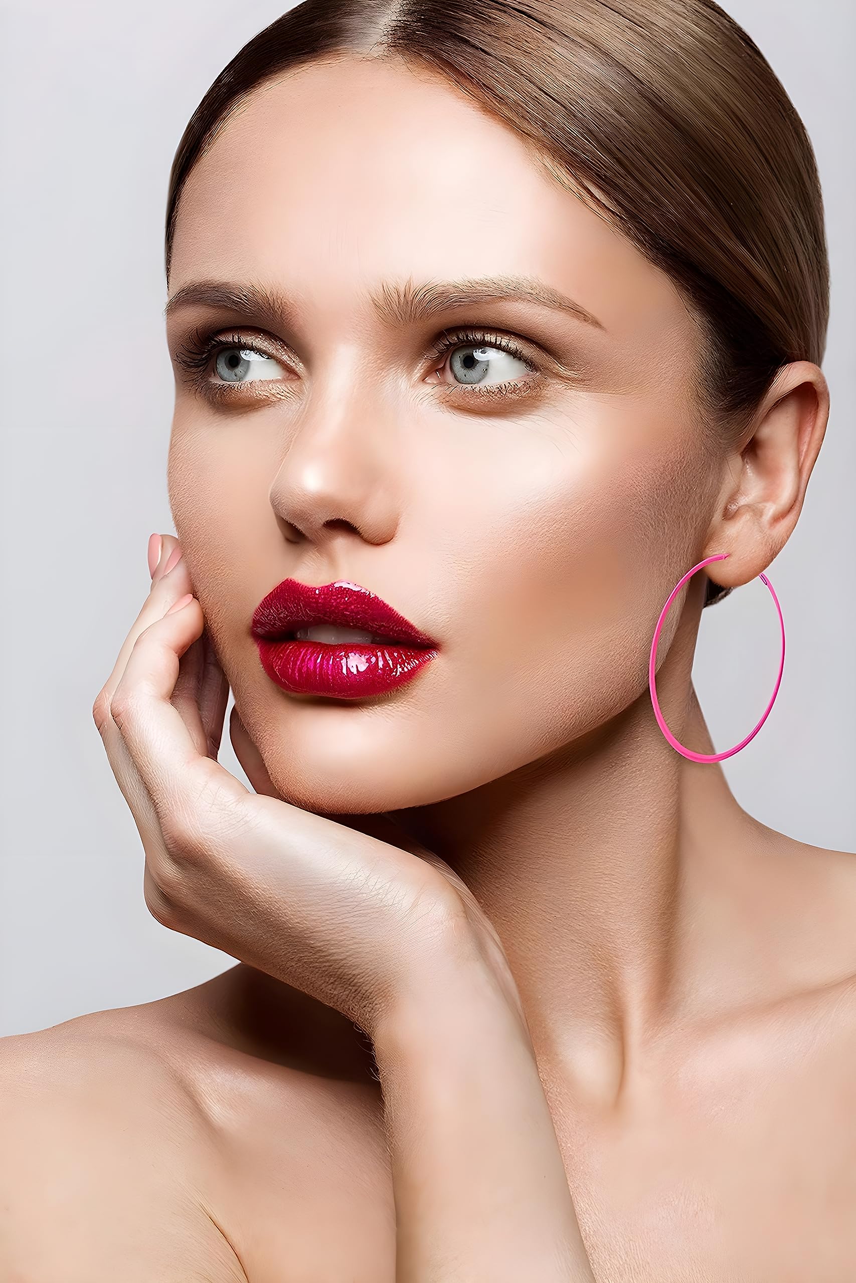 IDB Classic Stainless Steel Big Hoop Earrings - 2.32" x 2.48" x 0.07" (59x63x2mm) - Multiple Colors to choose from (Hot Pink)