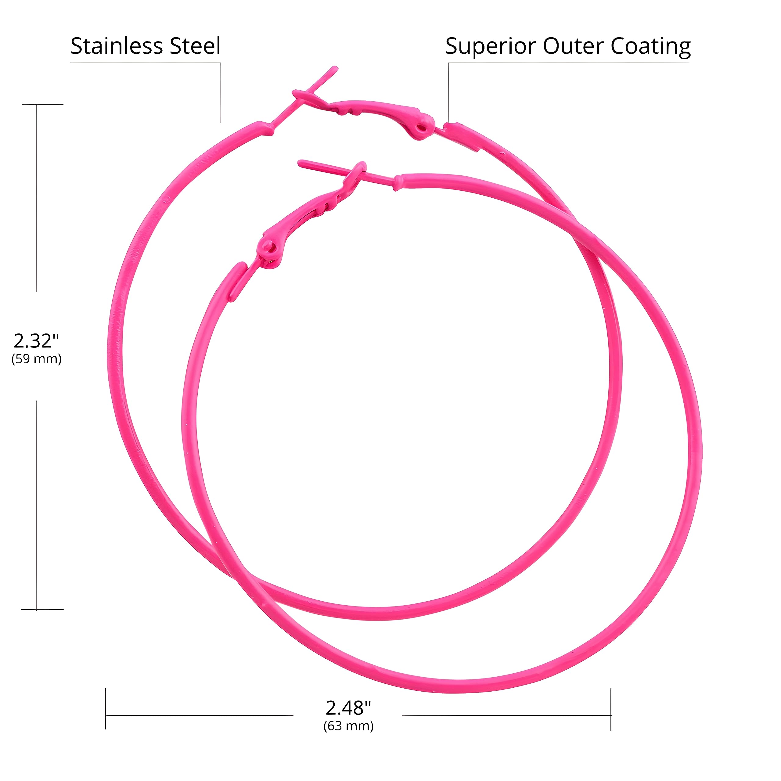 IDB Classic Stainless Steel Big Hoop Earrings - 2.32" x 2.48" x 0.07" (59x63x2mm) - Multiple Colors to choose from (Hot Pink)