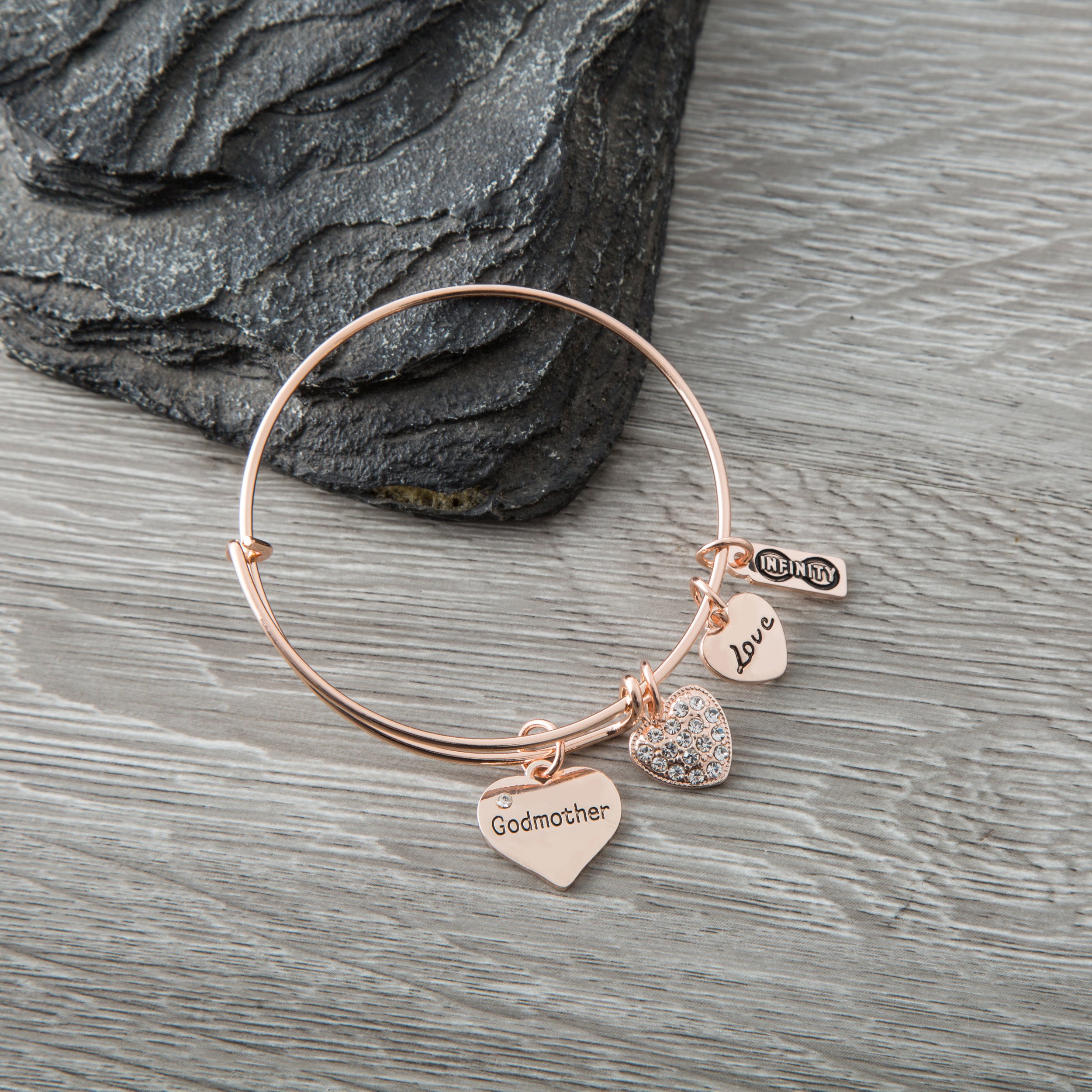 Infinity Collection Godmother Gifts, Rose Gold Godmother Charm Bangle Bracelet, Religious Jewelry Baptism Thank You Gift for Beloved Godmother from Godson Goddaughter, Godmother Proposal