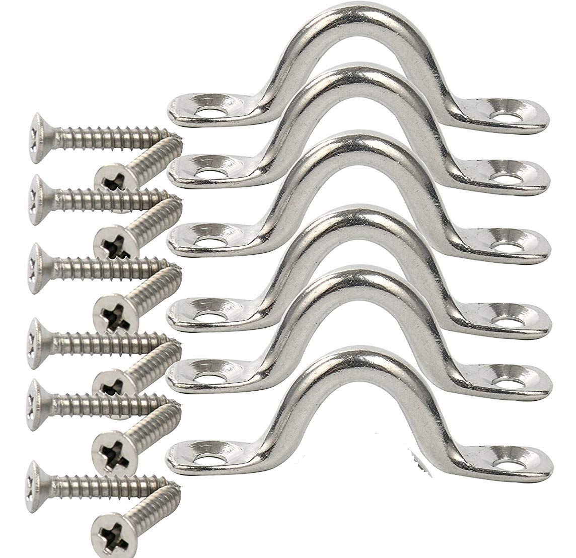 Amarine Made Pack of 6 Stainless Steel Bimini Boat Top PAD Eye, Eye Straps, Tie Down, Kayak Deck Loops, Tie Down Anchor Point, footman's Loop for Kayak Canoe Rigging